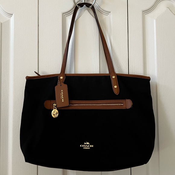 Coach | Bags | Coach Large Black Fabric Tote With Brown Leather Straps ...